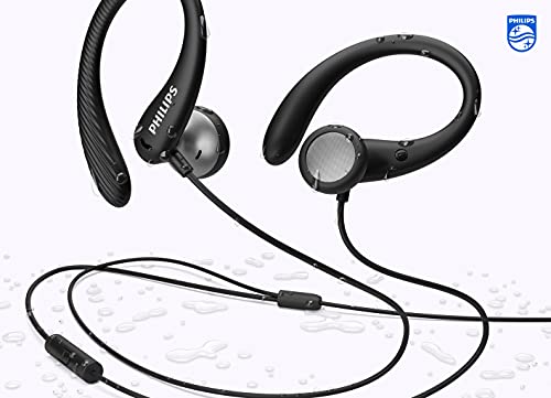 Philips A1105 in-Ear Sports Wired Headphones with Ear Hooks for Secure Fit, Deep bass, in-line Remote Control and Microphone, Sweat-Resistant, 3.5 mm Connector TAA1105BK