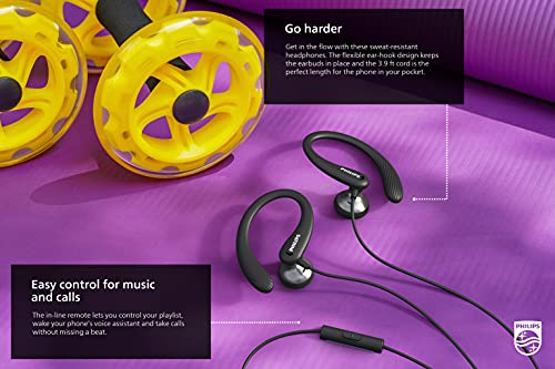 Philips A1105 in-Ear Sports Wired Headphones with Ear Hooks for Secure Fit, Deep bass, in-line Remote Control and Microphone, Sweat-Resistant, 3.5 mm Connector TAA1105BK