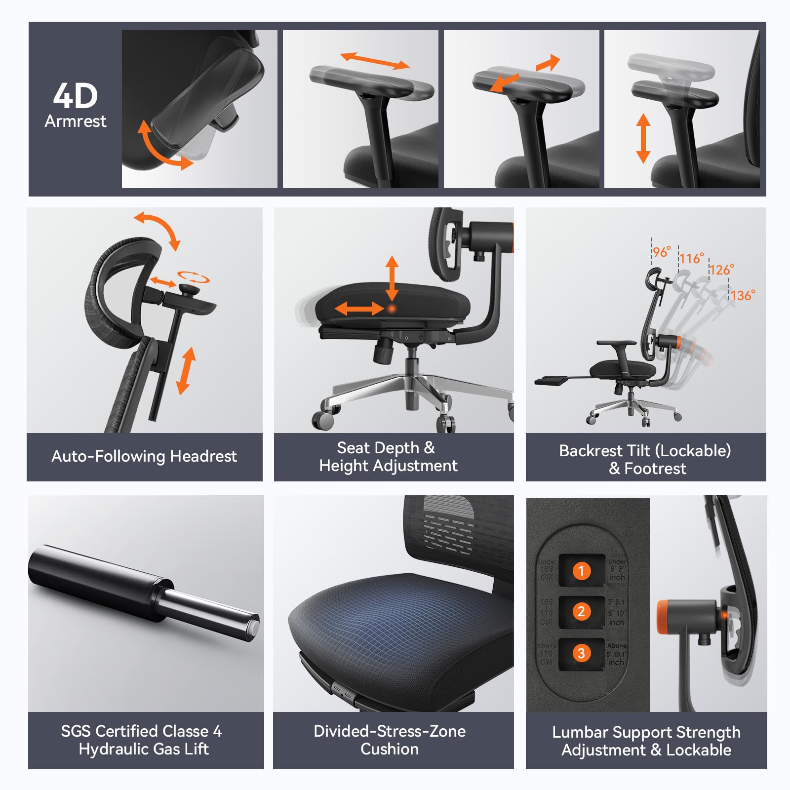 Newtral Ergonomic Chair with Footrest - High Back Desk Chair with Ultra Adaptive Lumbar Support & Auto-Following Headrest, 4D Armrest, Adjustable Seat Depth & Height, Home Office