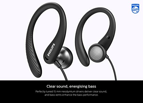 Philips A1105 in-Ear Sports Wired Headphones with Ear Hooks for Secure Fit, Deep bass, in-line Remote Control and Microphone, Sweat-Resistant, 3.5 mm Connector TAA1105BK
