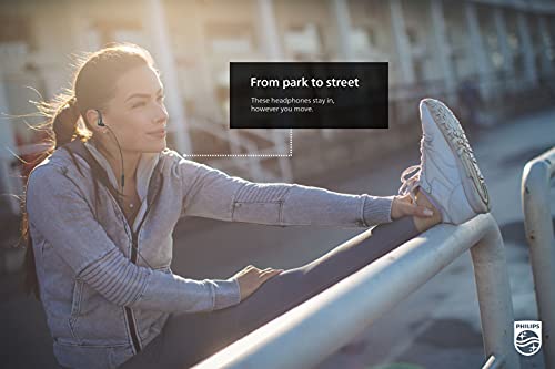 Philips A1105 in-Ear Sports Wired Headphones with Ear Hooks for Secure Fit, Deep bass, in-line Remote Control and Microphone, Sweat-Resistant, 3.5 mm Connector TAA1105BK