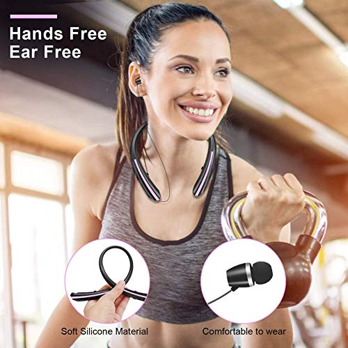 TTSTR Retractable Earbuds Wireless Headset Neckband Sports Noise Cancelling Bluetooth Headphones Stereo Earphones with Mic,Pink