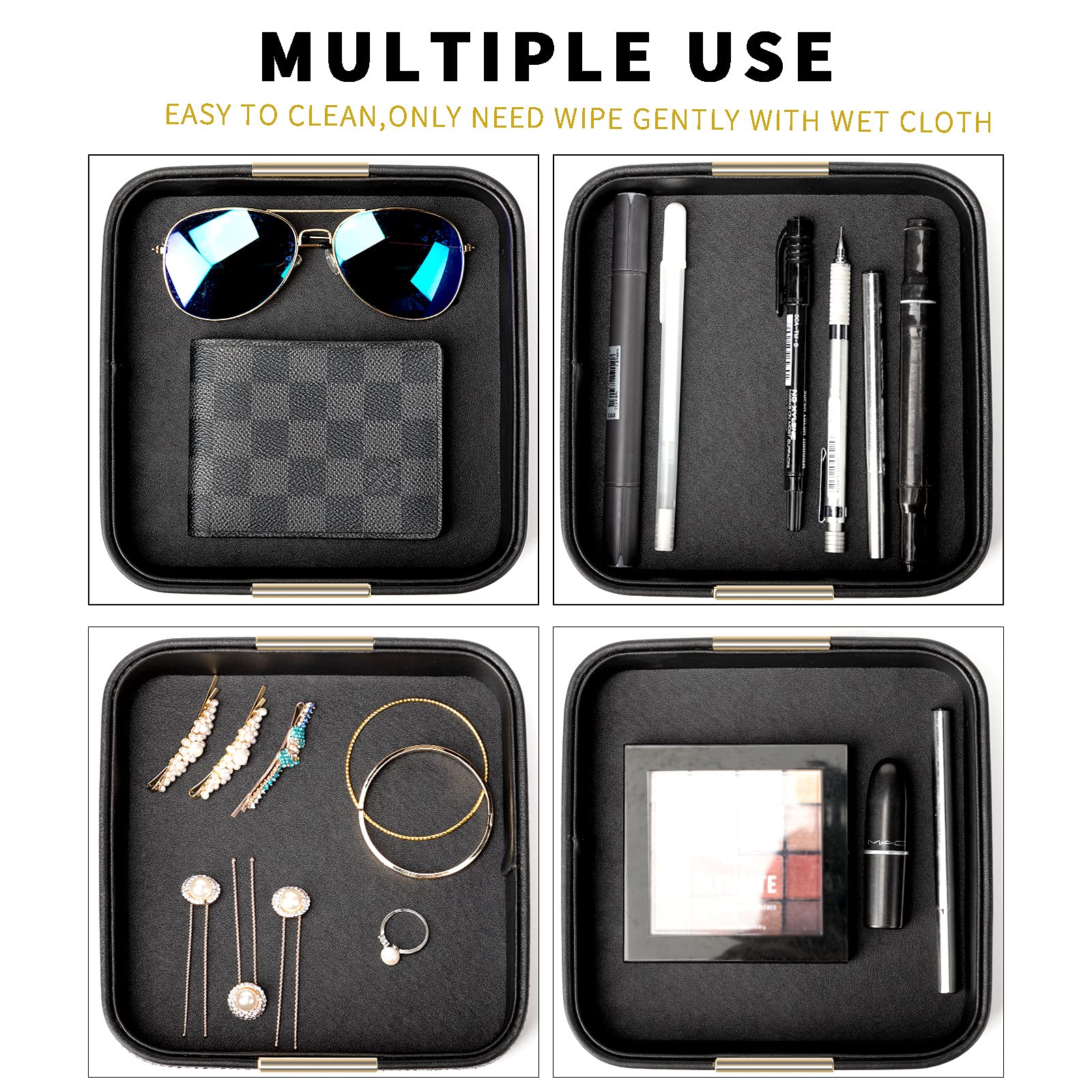 SANZIE Luxury Leather Desktop Storage Small Catchall Organizer Decorative Tray for Entryway Table to Hold Jewelry Watch Cosmetics Keys Phone Wallet, Home & Office Accessories (Metal Glided, Black)