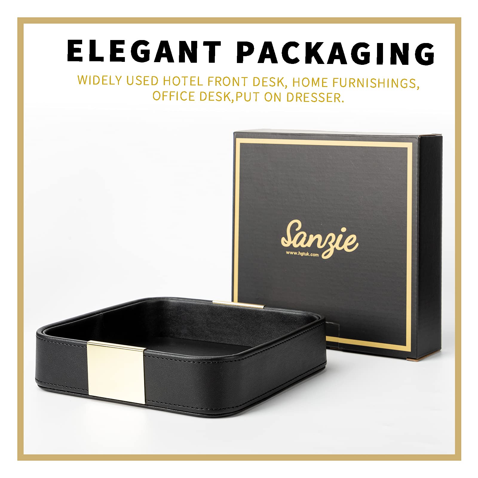 SANZIE Luxury Leather Desktop Storage Small Catchall Organizer Decorative Tray for Entryway Table to Hold Jewelry Watch Cosmetics Keys Phone Wallet, Home & Office Accessories (Metal Glided, Black)