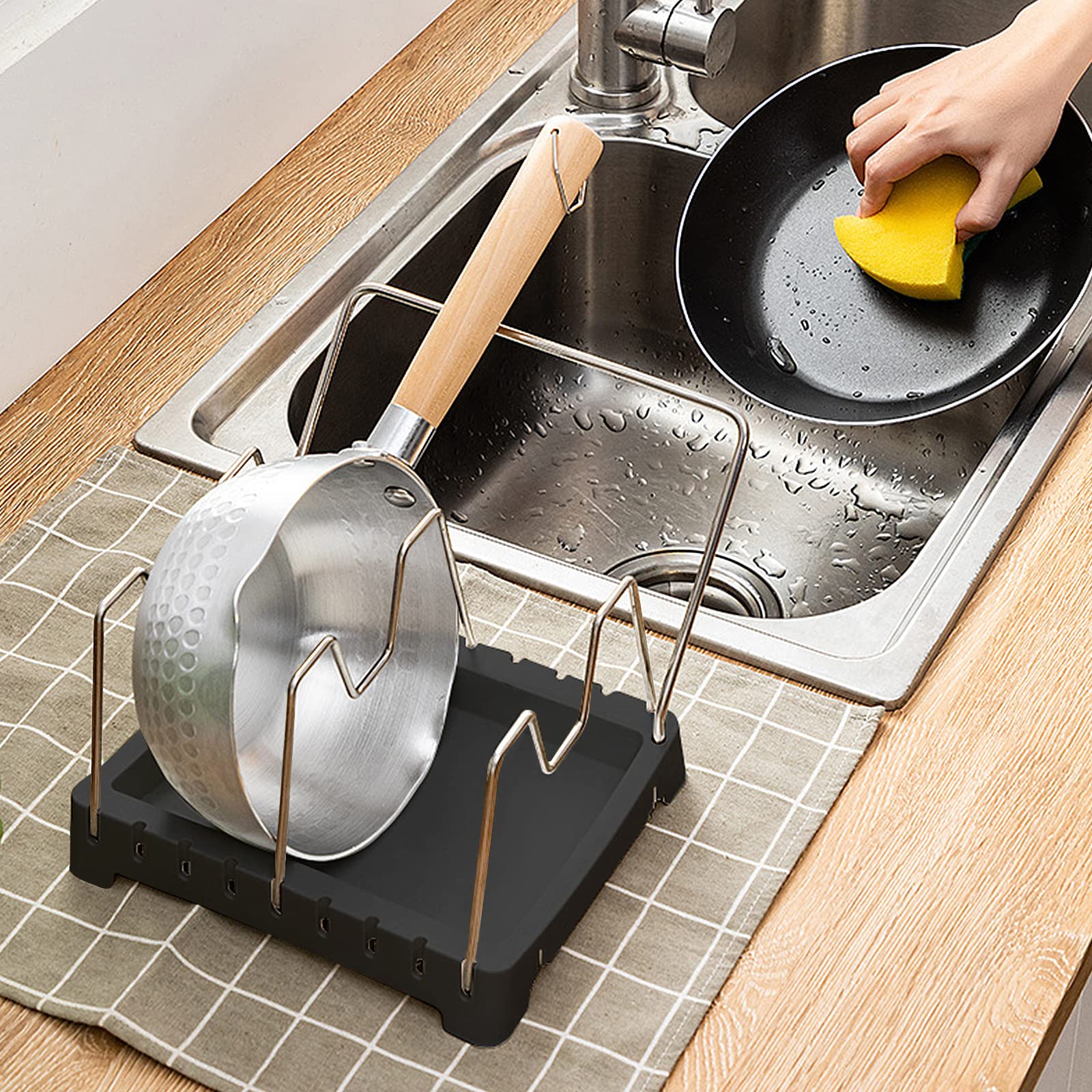 MUUBOOX Adjustable Rack Pot Lid Holder Rack for Pots, Cake Molds, Cutting Boards, Mats, Cookware,Cutting Boards, Plates ( Black)