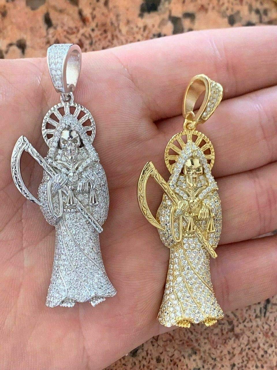 Solid 925 Sterling Silver - Large Men's Grim Reaper Death Pendant - Iced Santa Muerte Piece - Great Necklace (gold-plated-silver)