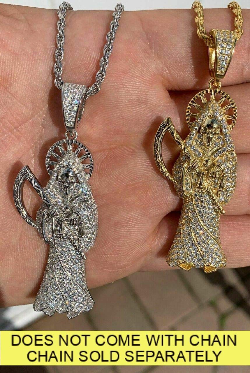 Solid 925 Sterling Silver - Large Men's Grim Reaper Death Pendant - Iced Santa Muerte Piece - Great Necklace (gold-plated-silver)
