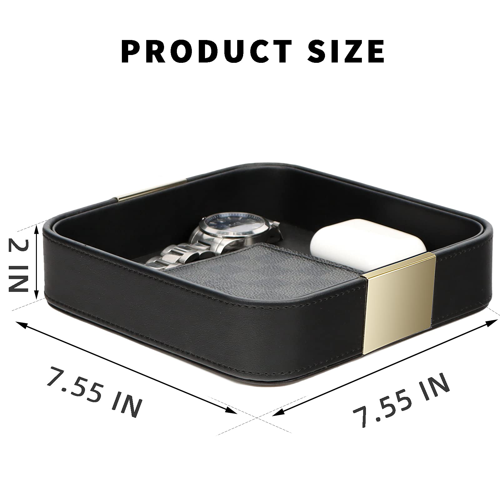 SANZIE Luxury Leather Desktop Storage Small Catchall Organizer Decorative Tray for Entryway Table to Hold Jewelry Watch Cosmetics Keys Phone Wallet, Home & Office Accessories (Metal Glided, Black)