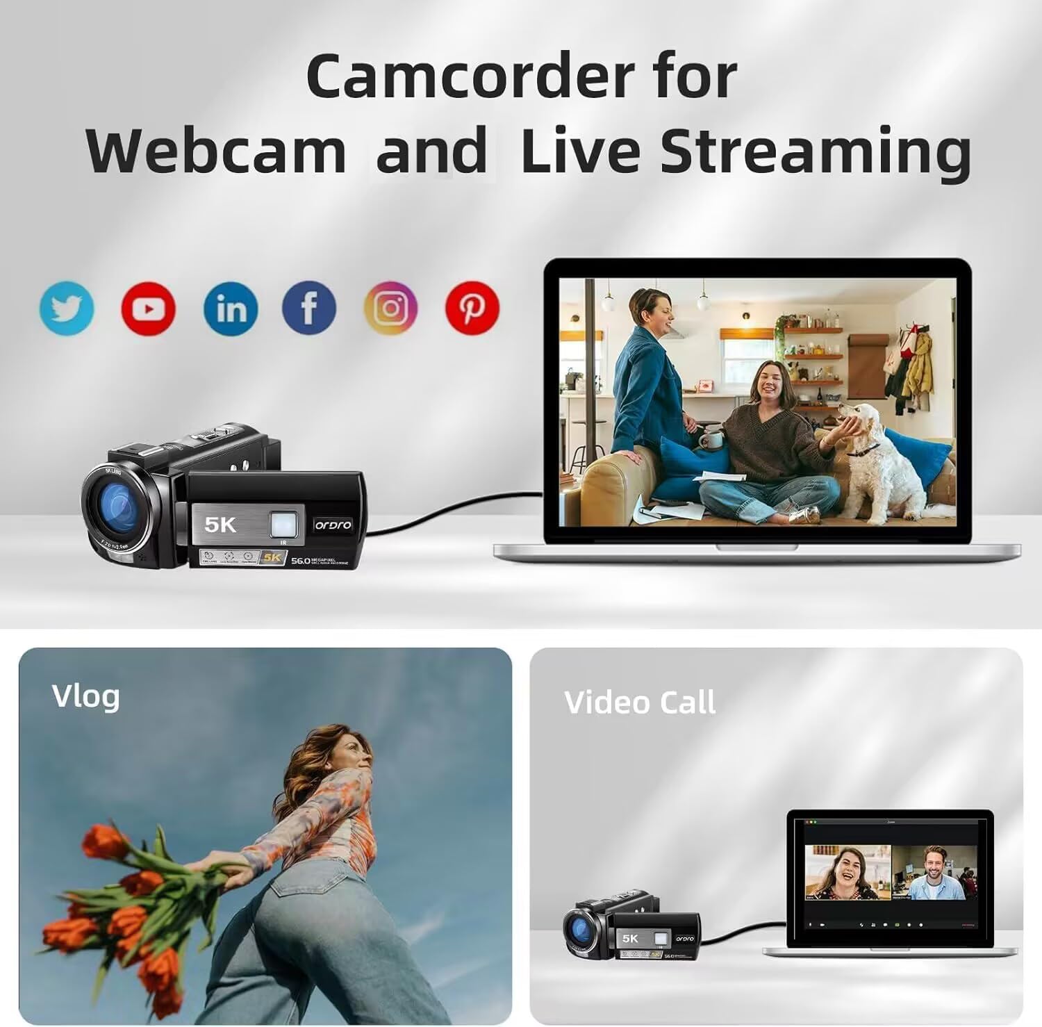 ORDRO 5K Video Camera Camcorder with 95° Wide Angle, WDR Mode, EIS Stabilizer, AE20 Video Camera Recorder IR Night Vision Vlogging Camera for YouTube with IR Night Light, Holder, Remote, 2 Batteries