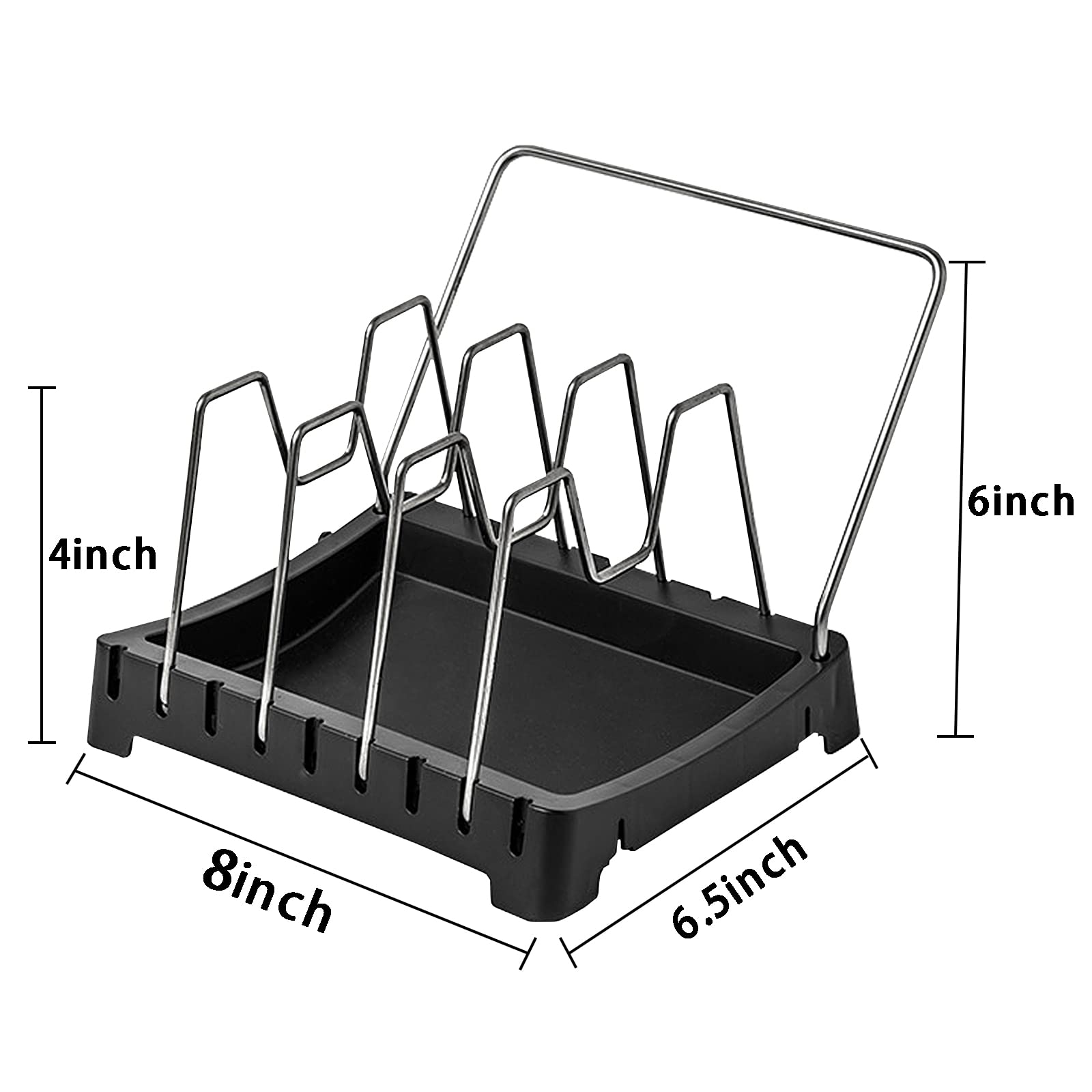 MUUBOOX Adjustable Rack Pot Lid Holder Rack for Pots, Cake Molds, Cutting Boards, Mats, Cookware,Cutting Boards, Plates ( Black)