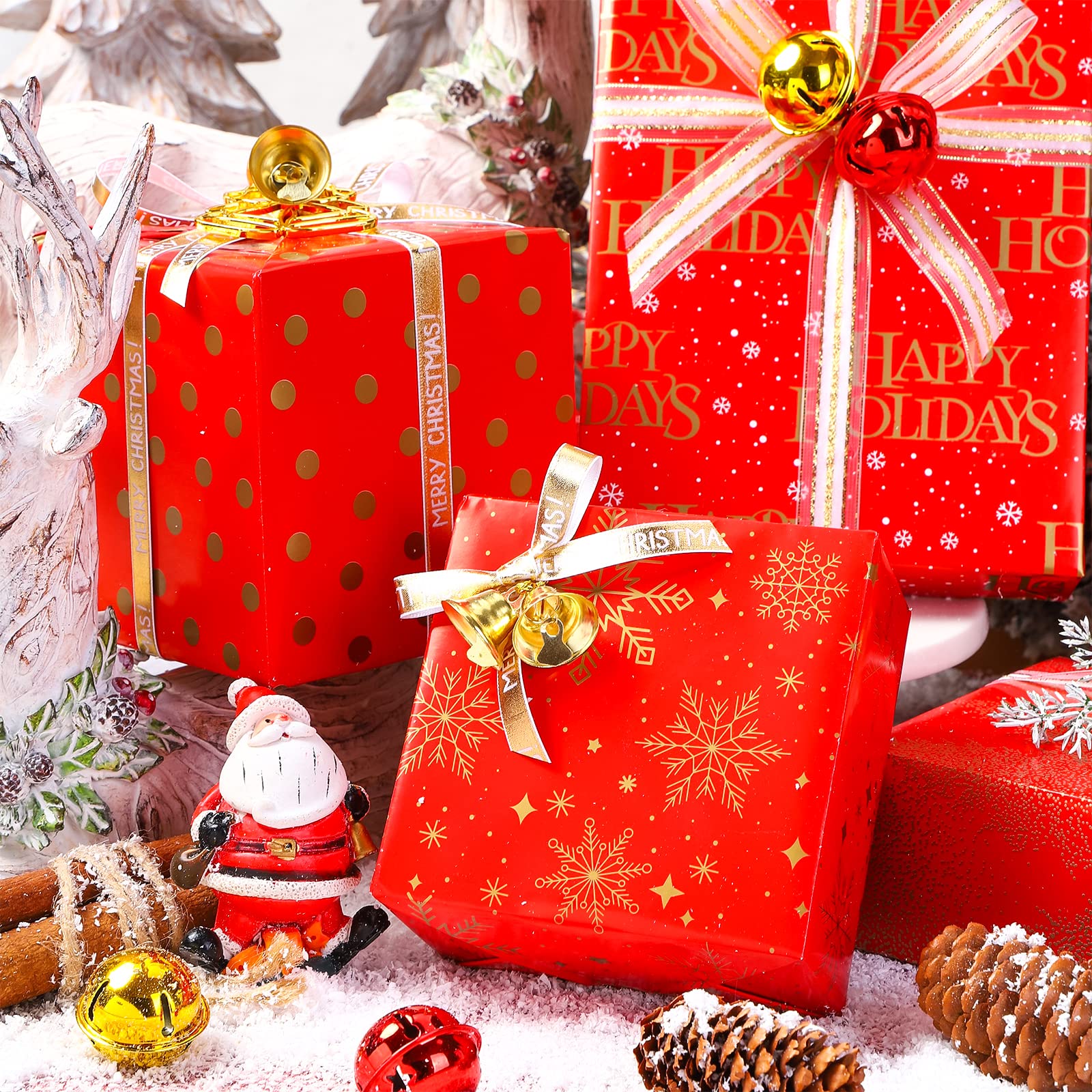 LeZakaa Christmas Gift Wrapping Paper - 12 Folded Sheet with 4 Different Christmas Design in Red (Snowflake, Tree, Dot, Happy Holiday Lettering)- 27.5 x 19.6 inches Per Sheet