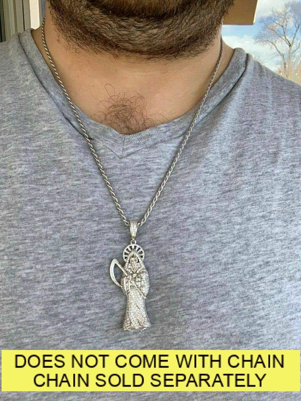 Solid 925 Sterling Silver - Large Men's Grim Reaper Death Pendant - Iced Santa Muerte Piece - Great Necklace (gold-plated-silver)