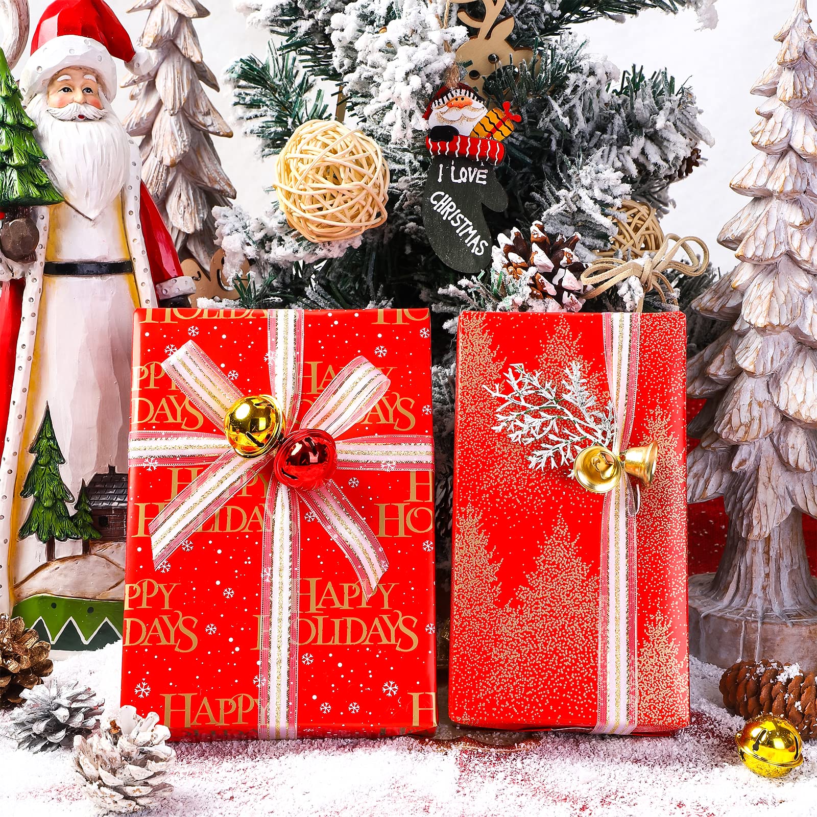 LeZakaa Christmas Gift Wrapping Paper - 12 Folded Sheet with 4 Different Christmas Design in Red (Snowflake, Tree, Dot, Happy Holiday Lettering)- 27.5 x 19.6 inches Per Sheet
