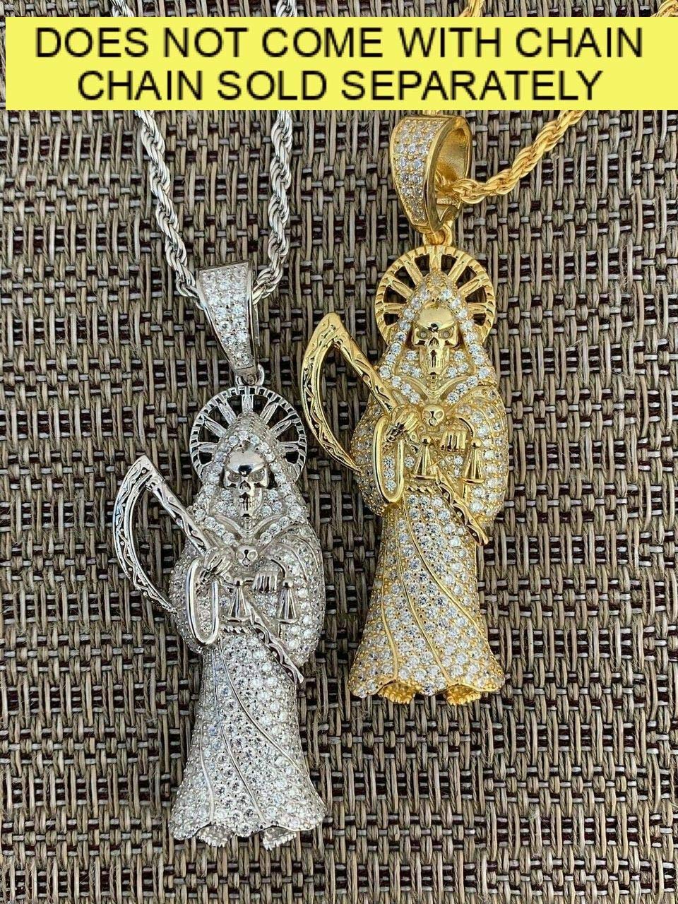 Solid 925 Sterling Silver - Large Men's Grim Reaper Death Pendant - Iced Santa Muerte Piece - Great Necklace (gold-plated-silver)