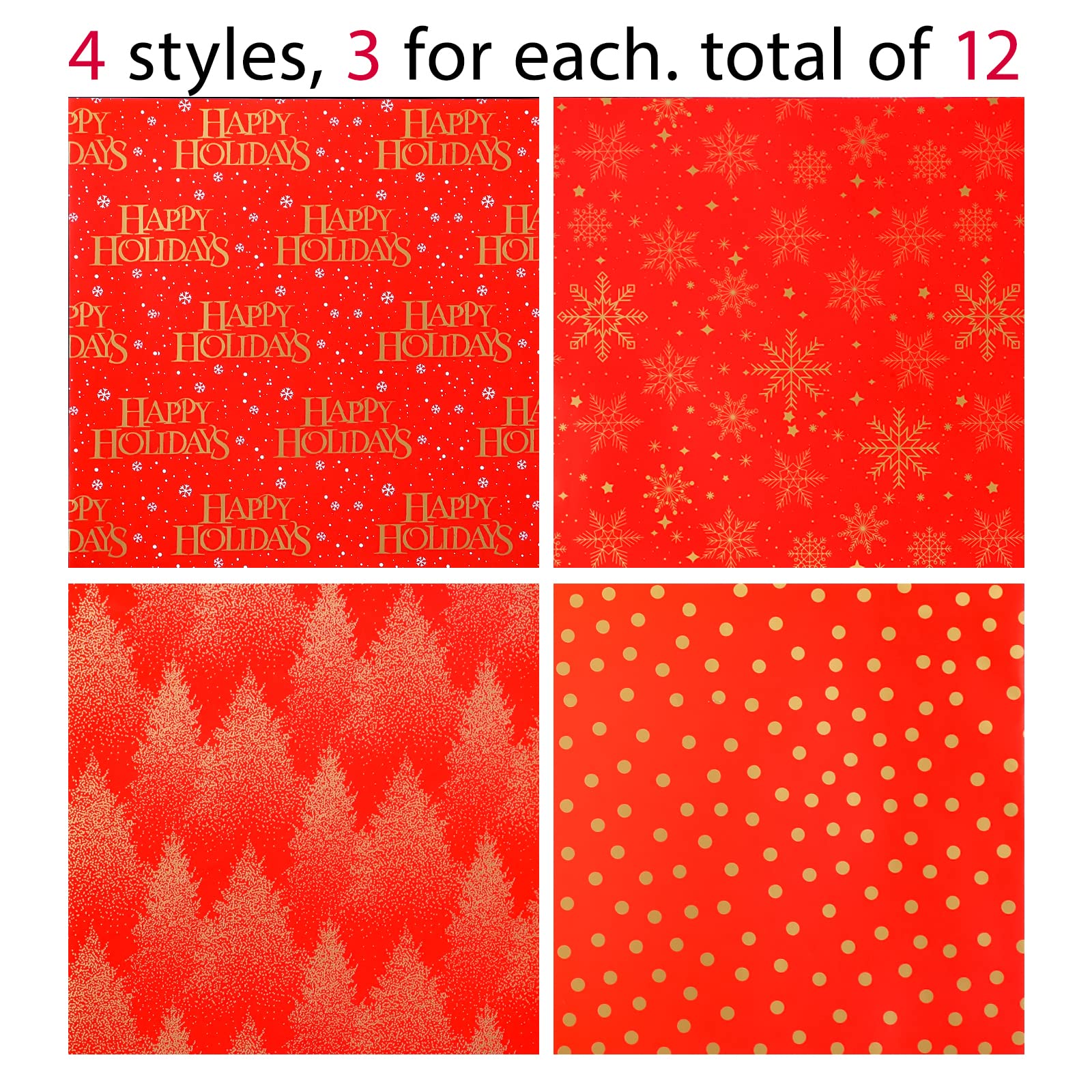 LeZakaa Christmas Gift Wrapping Paper - 12 Folded Sheet with 4 Different Christmas Design in Red (Snowflake, Tree, Dot, Happy Holiday Lettering)- 27.5 x 19.6 inches Per Sheet