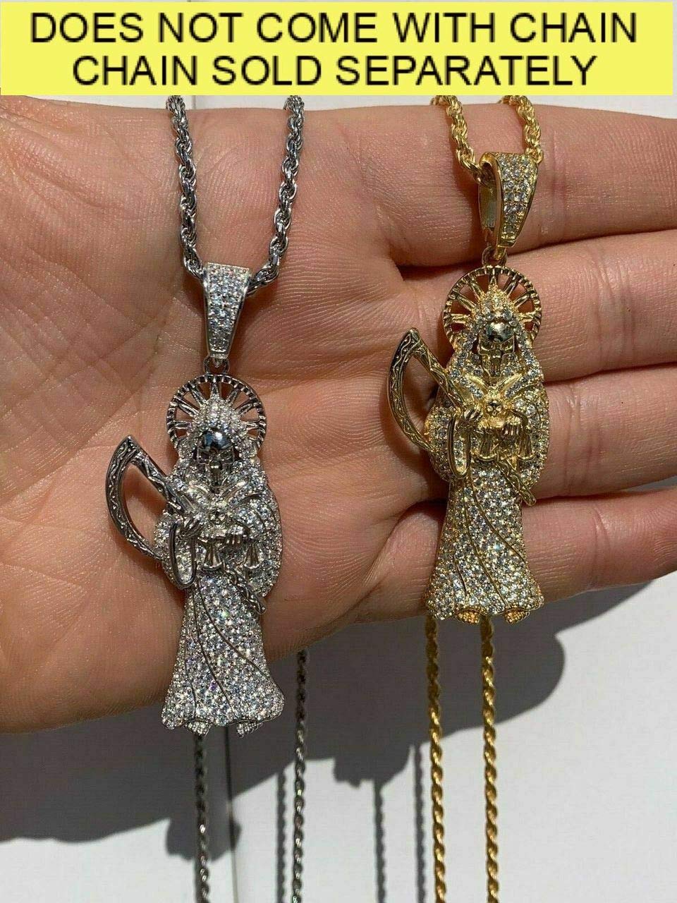 Solid 925 Sterling Silver - Large Men's Grim Reaper Death Pendant - Iced Santa Muerte Piece - Great Necklace (gold-plated-silver)