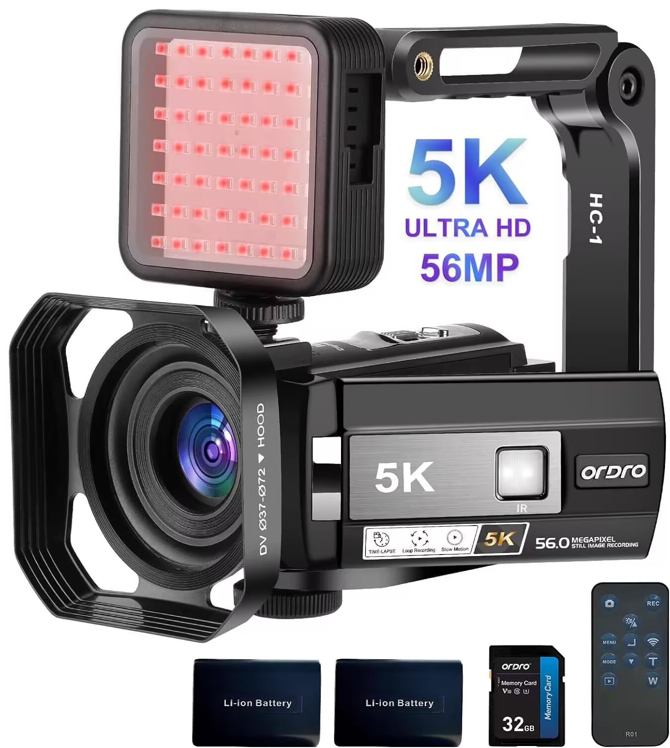 ORDRO 5K Video Camera Camcorder with 95° Wide Angle, WDR Mode, EIS Stabilizer, AE20 Video Camera Recorder IR Night Vision Vlogging Camera for YouTube with IR Night Light, Holder, Remote, 2 Batteries