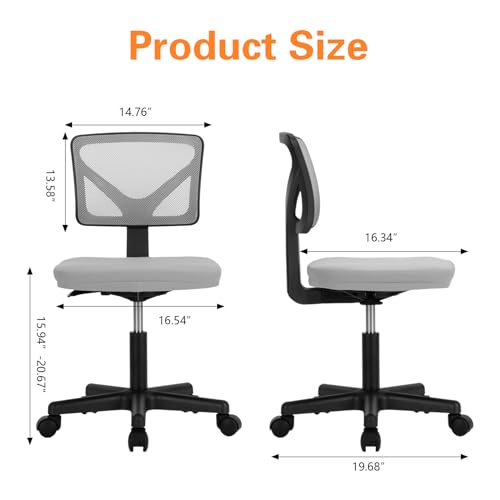 NEWBULIG Ergonomic Armless Home Office Desk Chair with Lumbar Support for Space Swivel 360° Wheels Adjustable Lever Rolling for Tiny Apartment,Conference Room, Grey