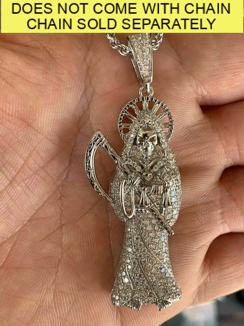 Solid 925 Sterling Silver - Large Men's Grim Reaper Death Pendant - Iced Santa Muerte Piece - Great Necklace (gold-plated-silver)