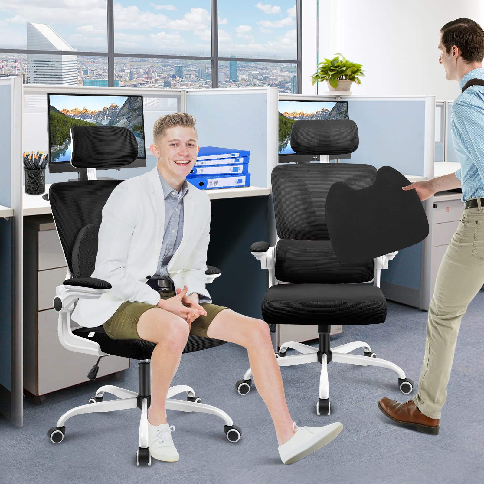 Soontrans Black Ergonomic Office Chair with Lumbar Support Pillow, Mesh Office Chair with Headrest & Adjustable Arms, Rocking Office Desk Chair, Comfortable Ergonomic Chair, Ergo Chair