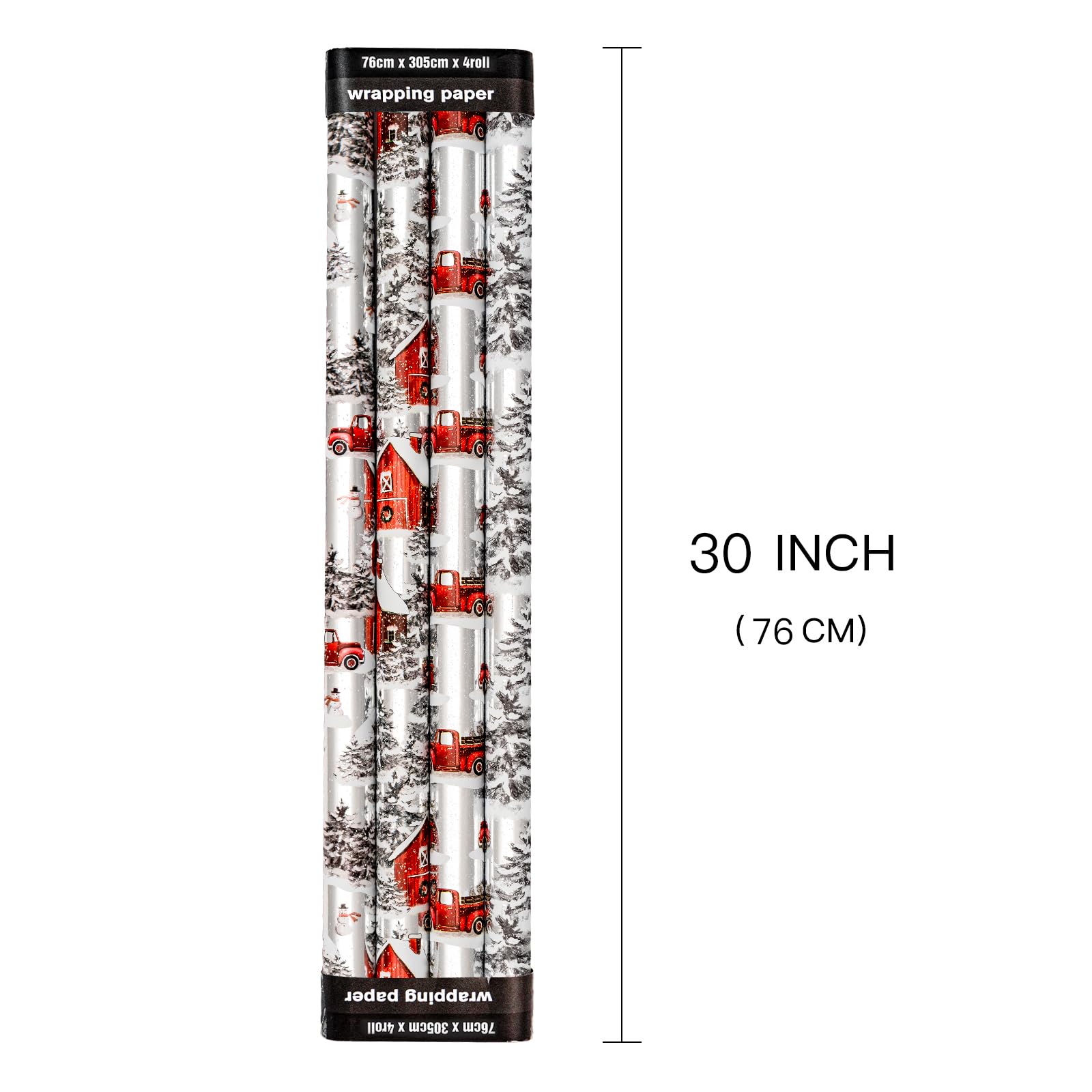 LeZakaa Christmas Wrapping Paper - Silver Metallic Foil with Snowman/Red Truck with Tree/Red House/Tree with Snow Design for Gift Wrap, Craft - 30 x 120 inches - 4 Rolls