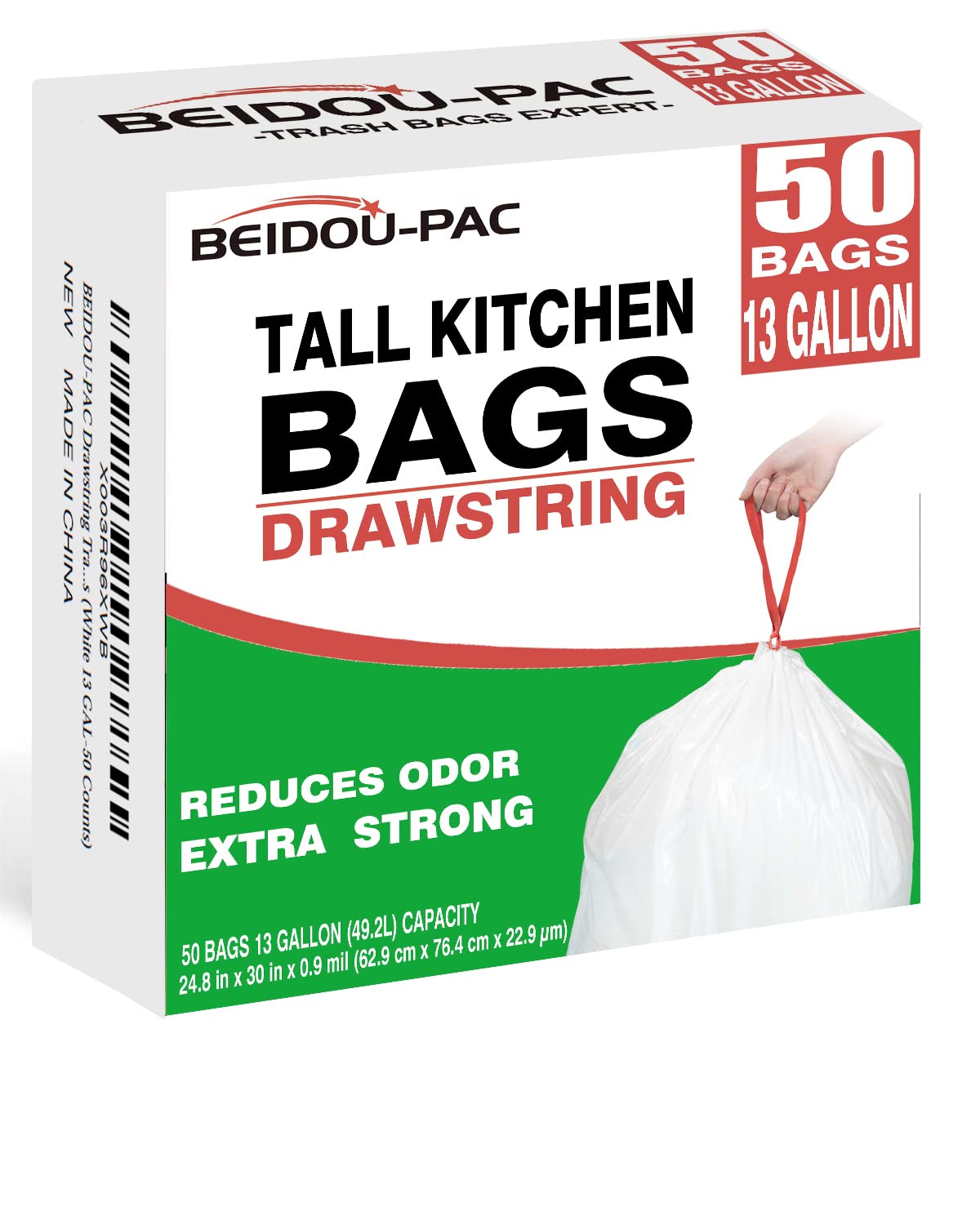 BEIDOU-PAC Trash Bags 13 Gallon Drawstring, 50 Count Garbage Bags, Tall Kitchen Trash Bags, Odorless & Extra Strength White Plastic Food Scrap Bag for Home Office Bathroom Kitchen Bins