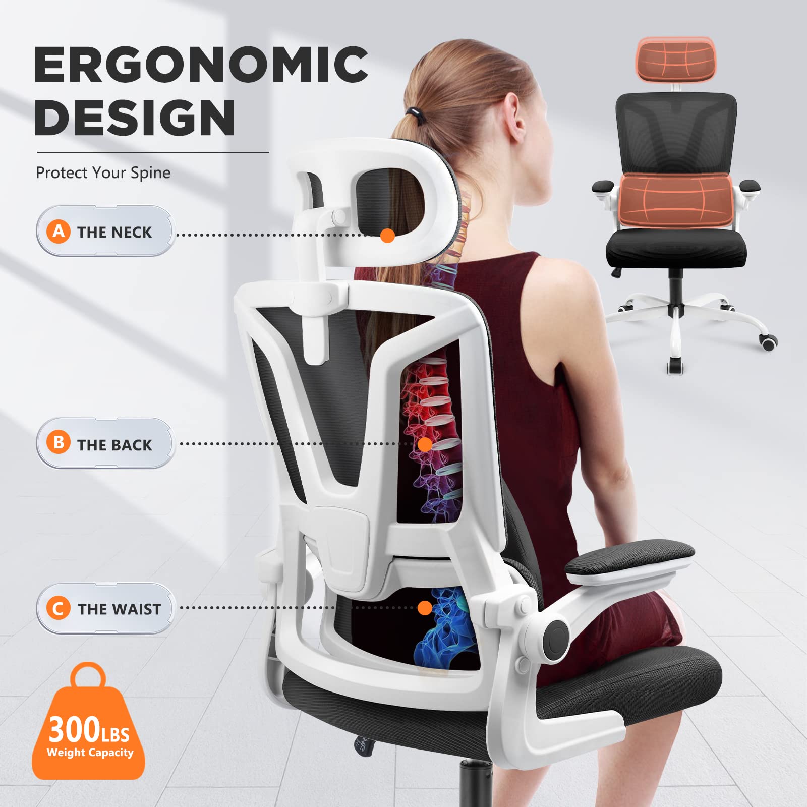Soontrans Black Ergonomic Office Chair with Lumbar Support Pillow, Mesh Office Chair with Headrest & Adjustable Arms, Rocking Office Desk Chair, Comfortable Ergonomic Chair, Ergo Chair