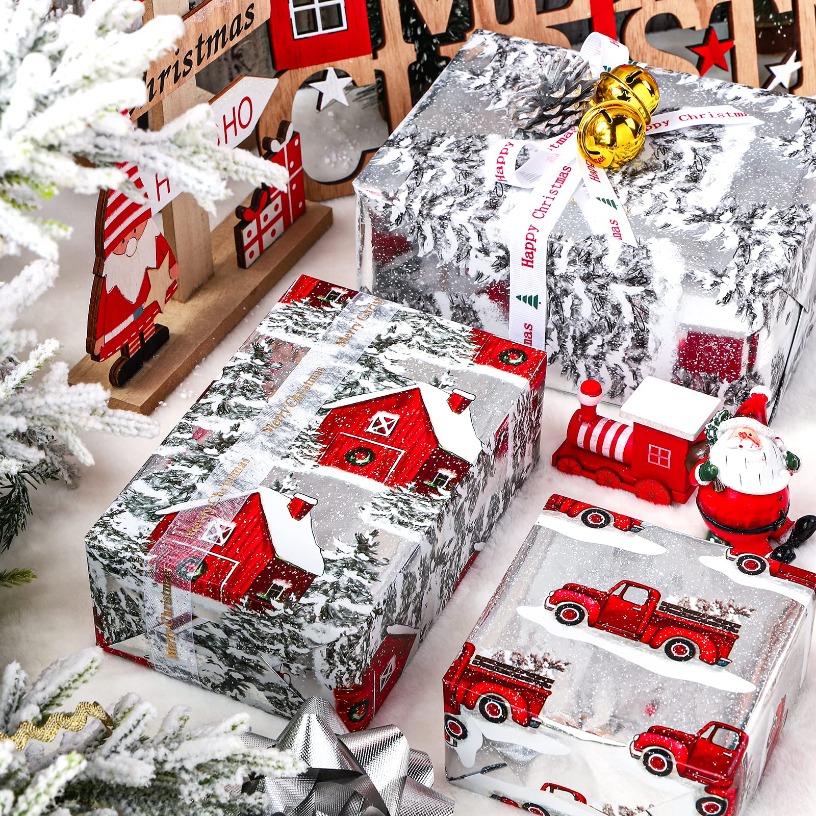 LeZakaa Christmas Wrapping Paper - Silver Metallic Foil with Snowman/Red Truck with Tree/Red House/Tree with Snow Design for Gift Wrap, Craft - 30 x 120 inches - 4 Rolls