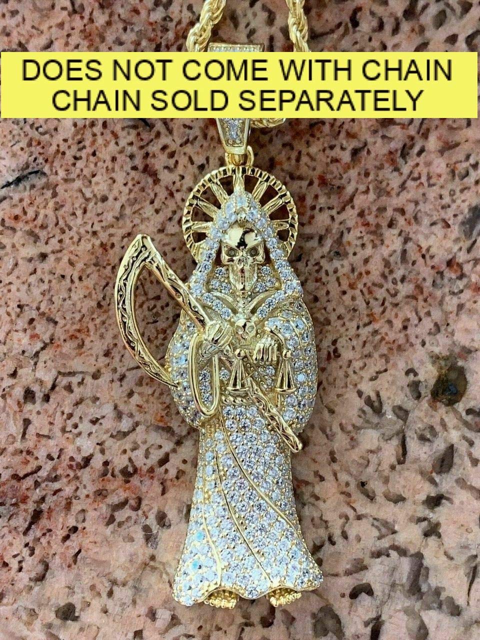 Solid 925 Sterling Silver - Large Men's Grim Reaper Death Pendant - Iced Santa Muerte Piece - Great Necklace (gold-plated-silver)