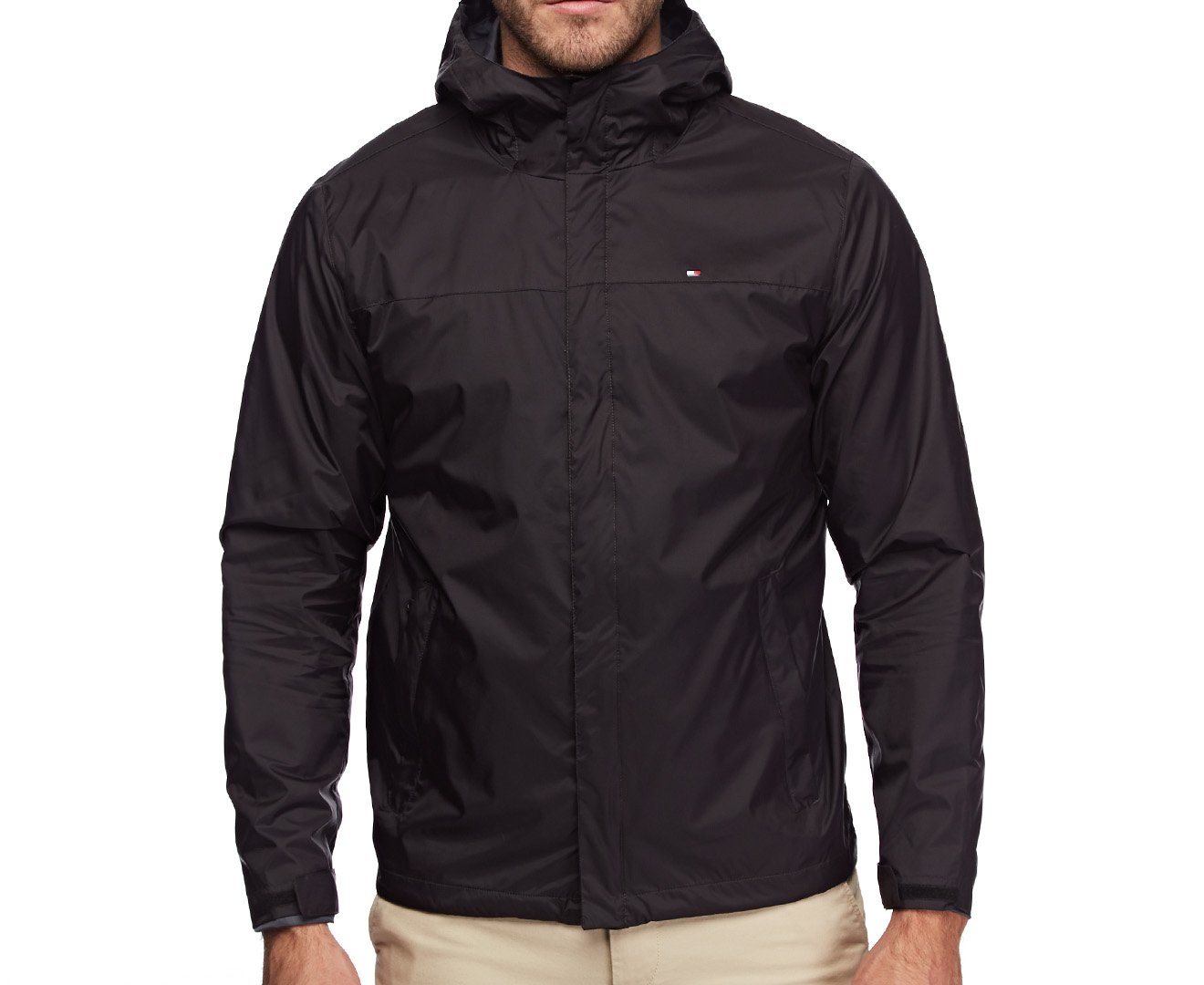 Tommy Hilfiger Men's Lightweight Breathable Waterproof Hooded Jacket, Black, Large