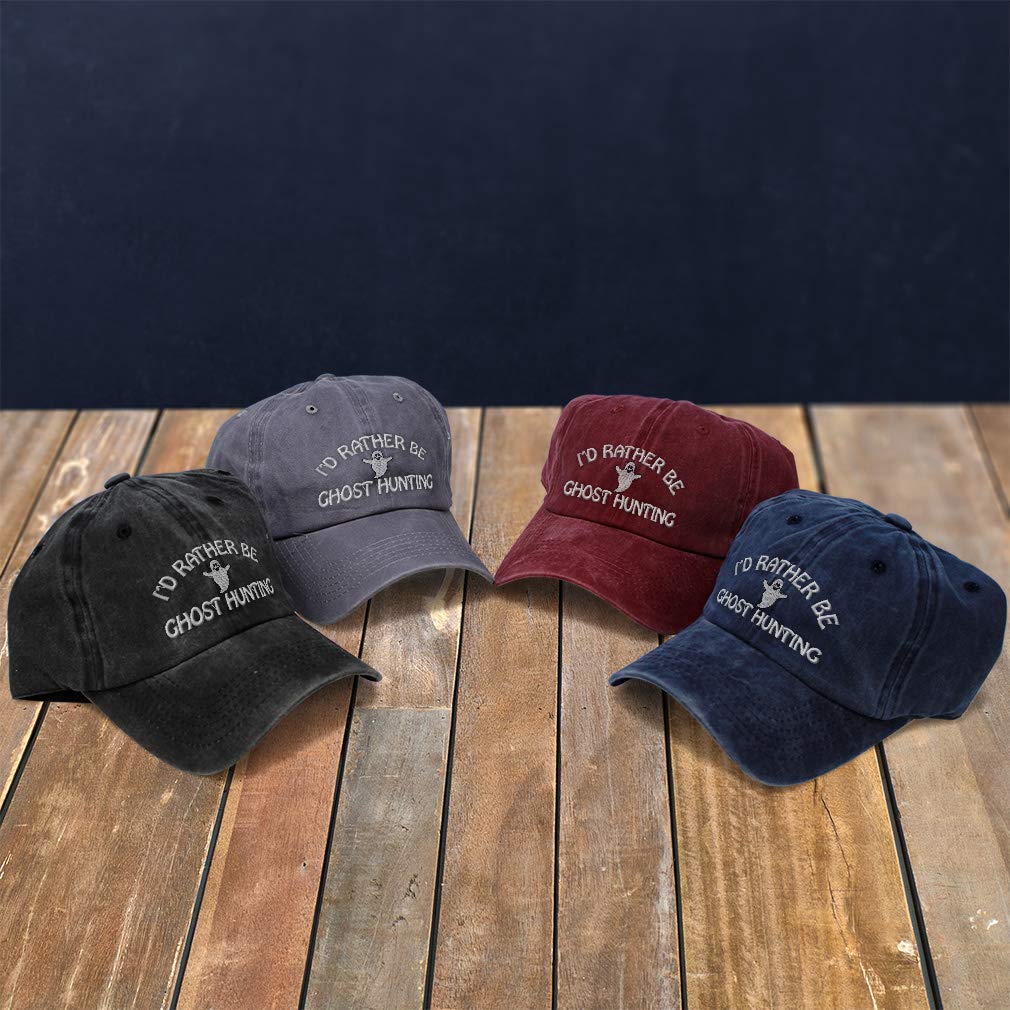 Vintage Washed Hat I'd Rather Be Ghost Hunting Embroidery Cotton Dad Hats for Men & Women Buckle Closure Black