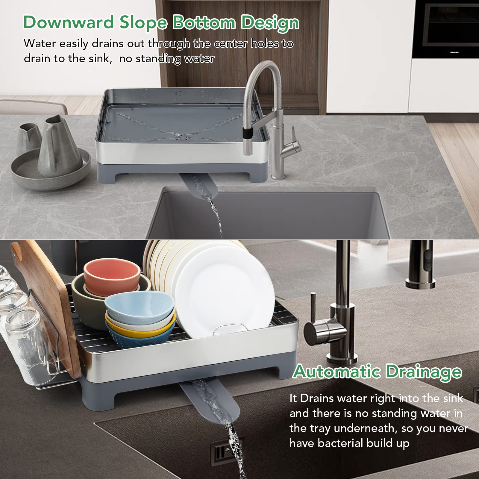 LITENEZZ Dish Drying Rack, Stainless Steel Dish Rack Drainers for Kitchen Counter with 360° Swivel Spout and Drainboard, Fingerprint-Proof Dish Drainers with Utensil Holder, Kitchen Sink Organizer