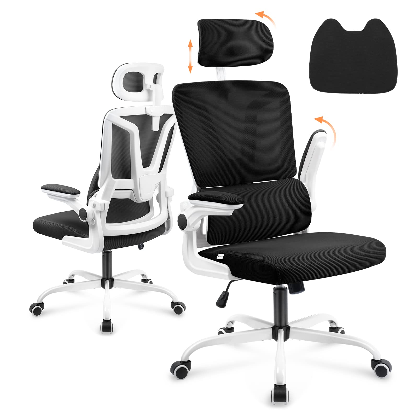 Soontrans Black Ergonomic Office Chair with Lumbar Support Pillow, Mesh Office Chair with Headrest & Adjustable Arms, Rocking Office Desk Chair, Comfortable Ergonomic Chair, Ergo Chair
