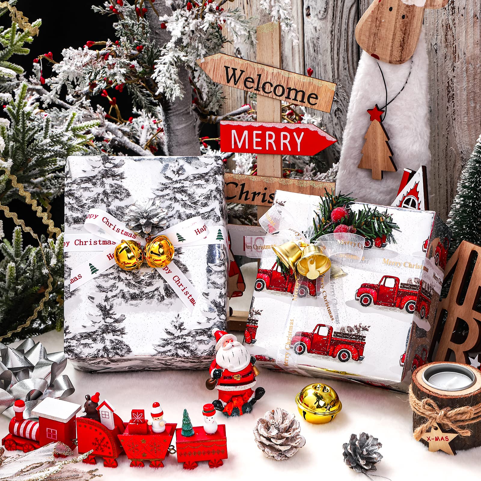 LeZakaa Christmas Wrapping Paper - Silver Metallic Foil with Snowman/Red Truck with Tree/Red House/Tree with Snow Design for Gift Wrap, Craft - 30 x 120 inches - 4 Rolls