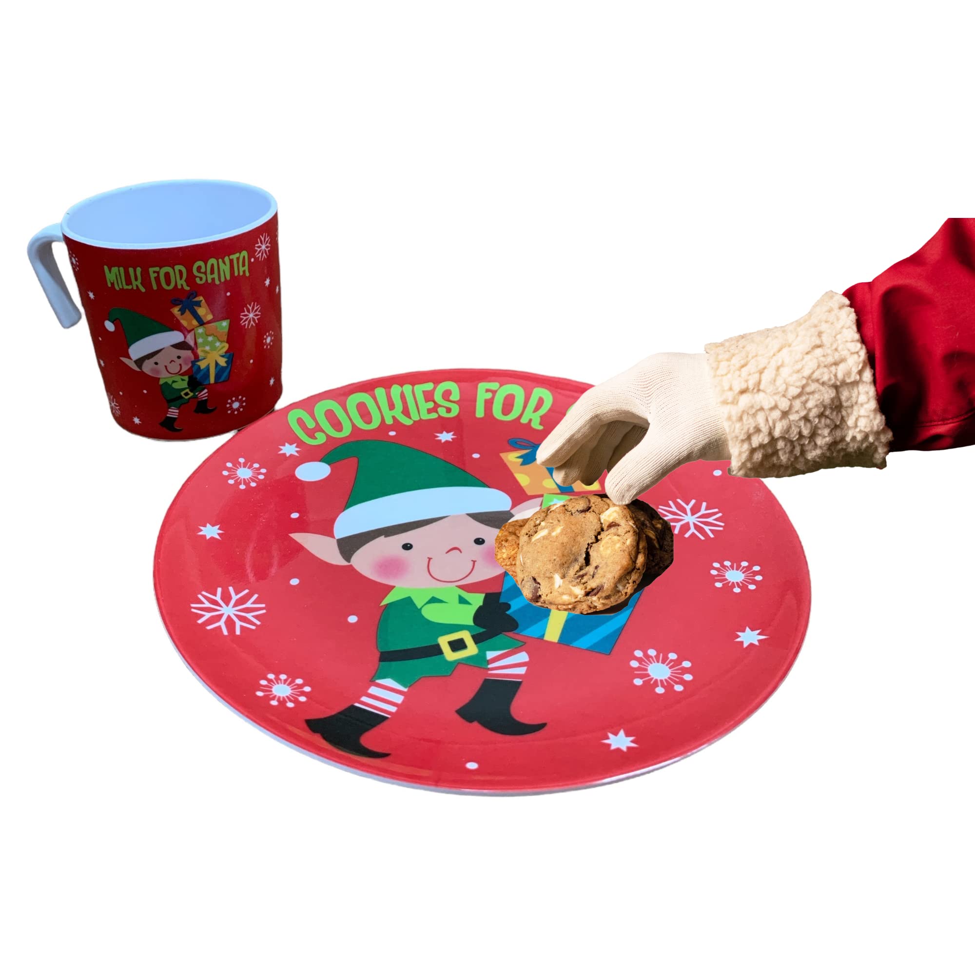 Clear Above Cookies for Santa Plate and Mug Set | Santa Elf Reindeer Melamine Wares (Elf Packages Red)