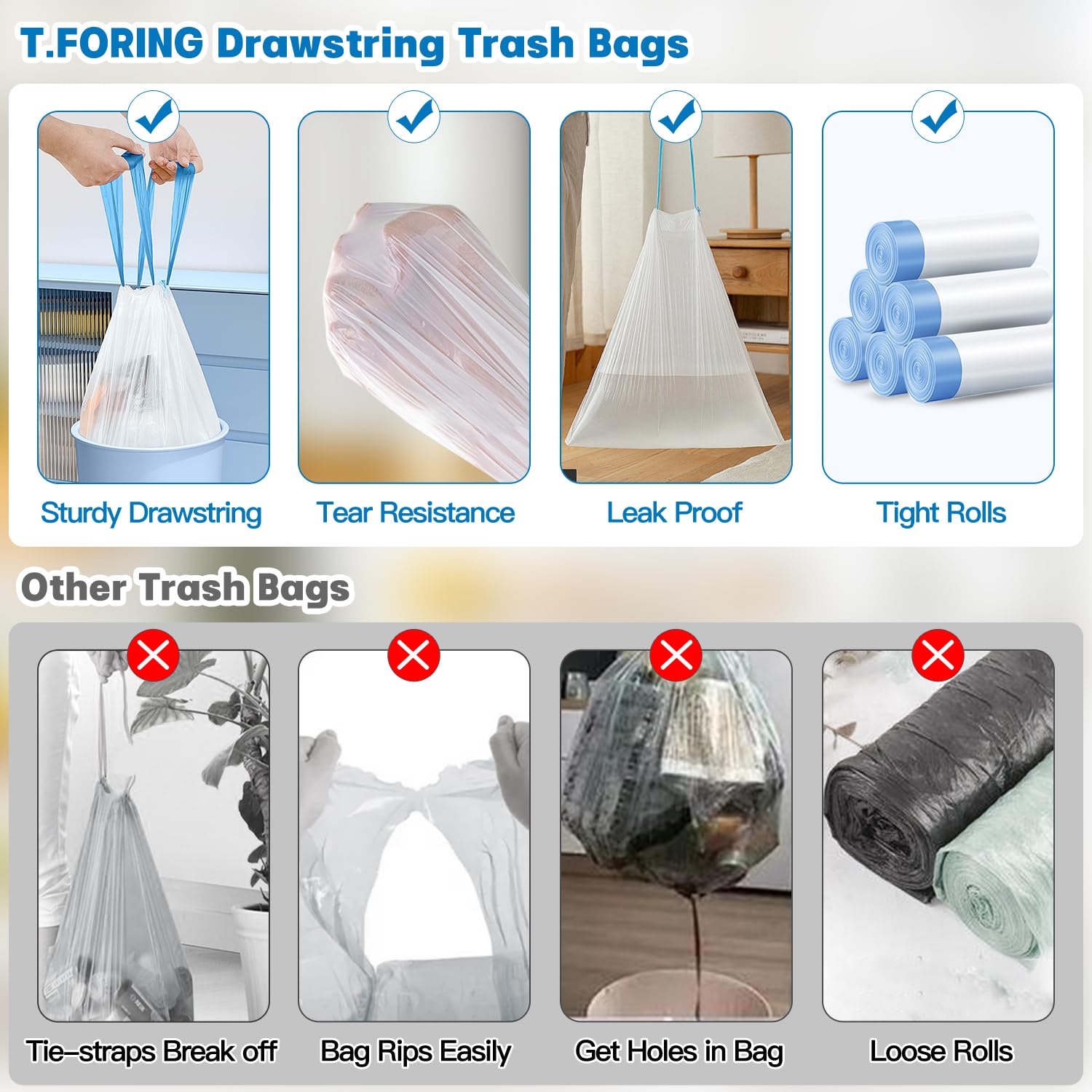 T.FORING 8 Gallon Trash Bags Drawstring 1.2 Mil - 100 Count White Medium Garbage Bags Unscented, 30 Liter Thick Plastic Trash Can Liners for Home Kitchen Bathroom