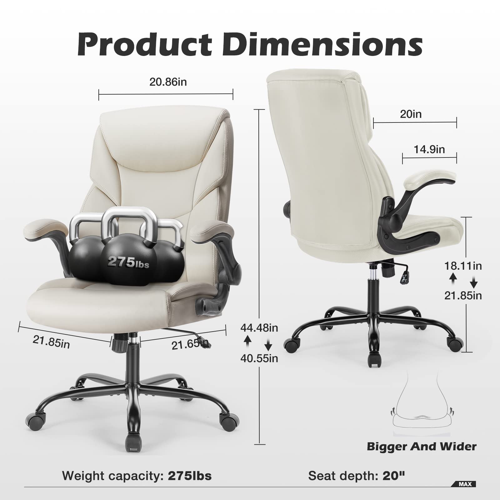 ZUNMOS Executive Office Desk Chair High Back Flip-Up Armrest Adjustable Ergonomic Managerial Rolling Swivel Task, PU Leather with Lumbar Support, White