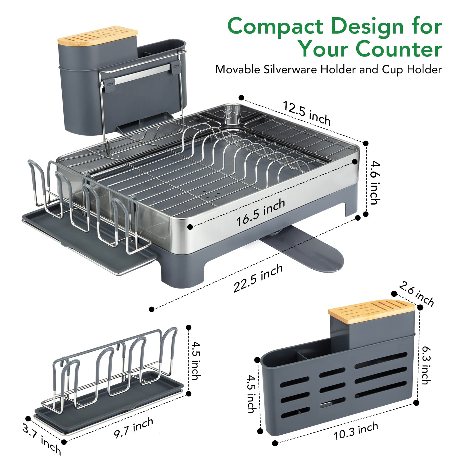 LITENEZZ Dish Drying Rack, Stainless Steel Dish Rack Drainers for Kitchen Counter with 360° Swivel Spout and Drainboard, Fingerprint-Proof Dish Drainers with Utensil Holder, Kitchen Sink Organizer