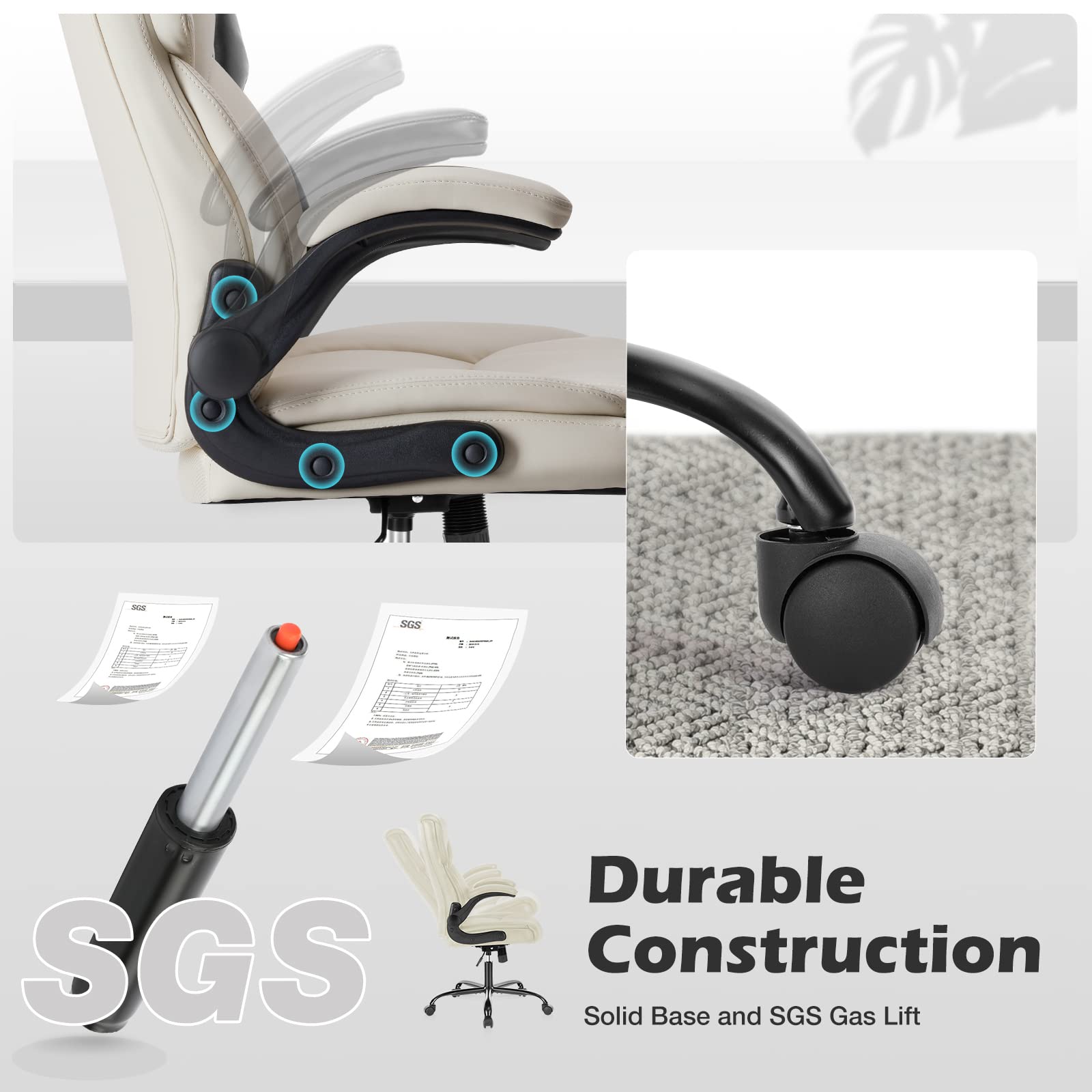 ZUNMOS Executive Office Desk Chair High Back Flip-Up Armrest Adjustable Ergonomic Managerial Rolling Swivel Task, PU Leather with Lumbar Support, White