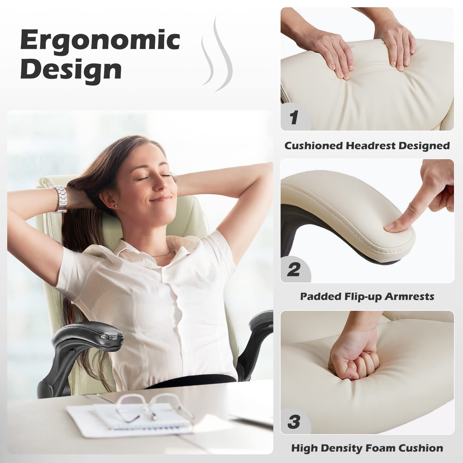 ZUNMOS Executive Office Desk Chair High Back Flip-Up Armrest Adjustable Ergonomic Managerial Rolling Swivel Task, PU Leather with Lumbar Support, White