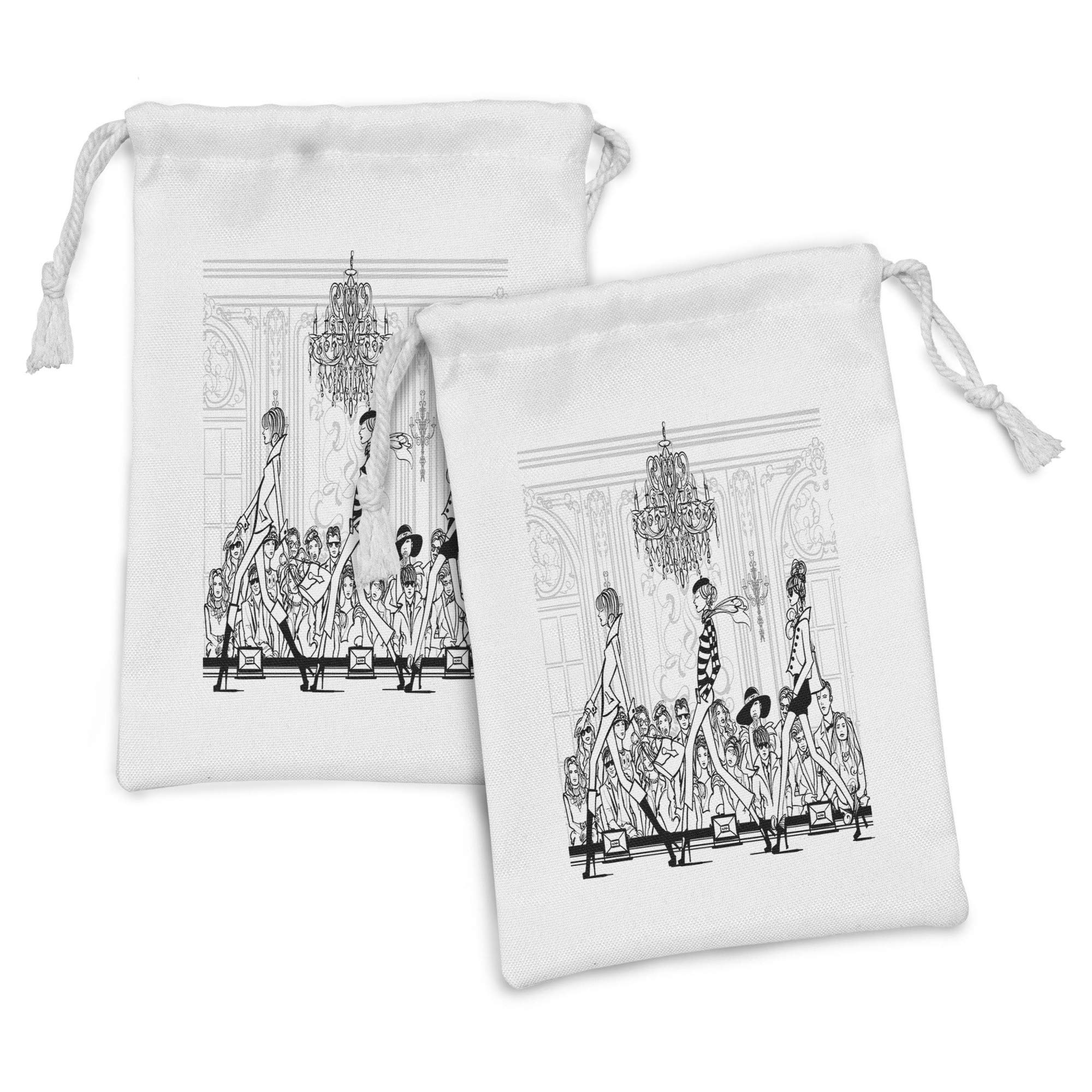Ambesonne Fashion Fabric Pouch Set of 2, Show Catwalk Mannequins Audience Supermodel Human Crowd Illustration, Small Drawstring Bag for Toiletries Masks and Favors, 9" x 6", White Black
