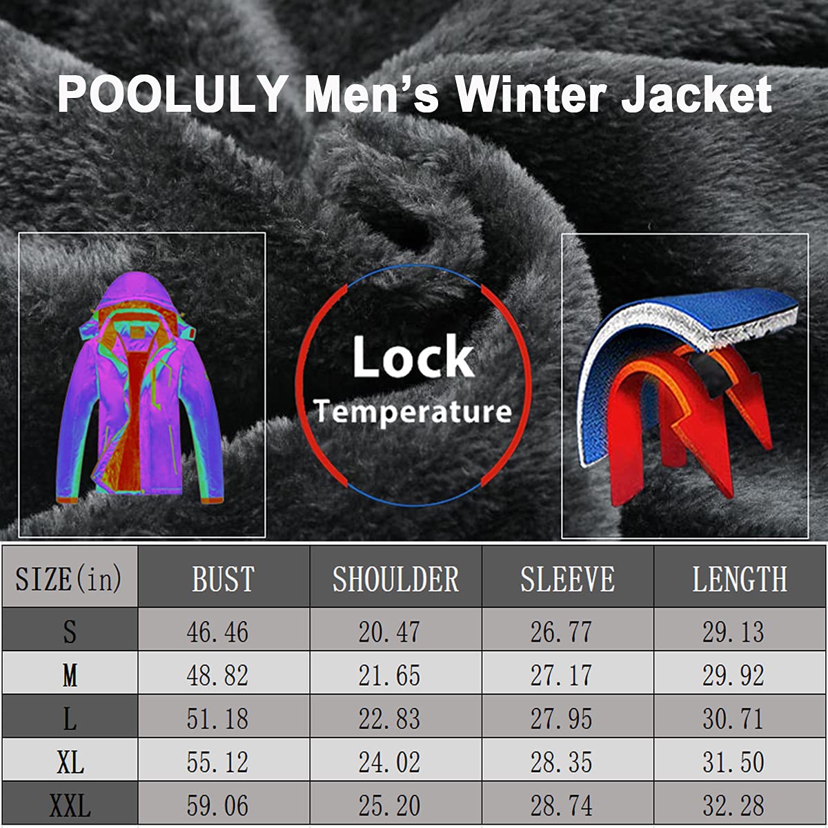 Pooluly Men's Ski Jacket Warm Winter Waterproof Windbreaker Hooded Raincoat Snowboarding Jackets Black-S