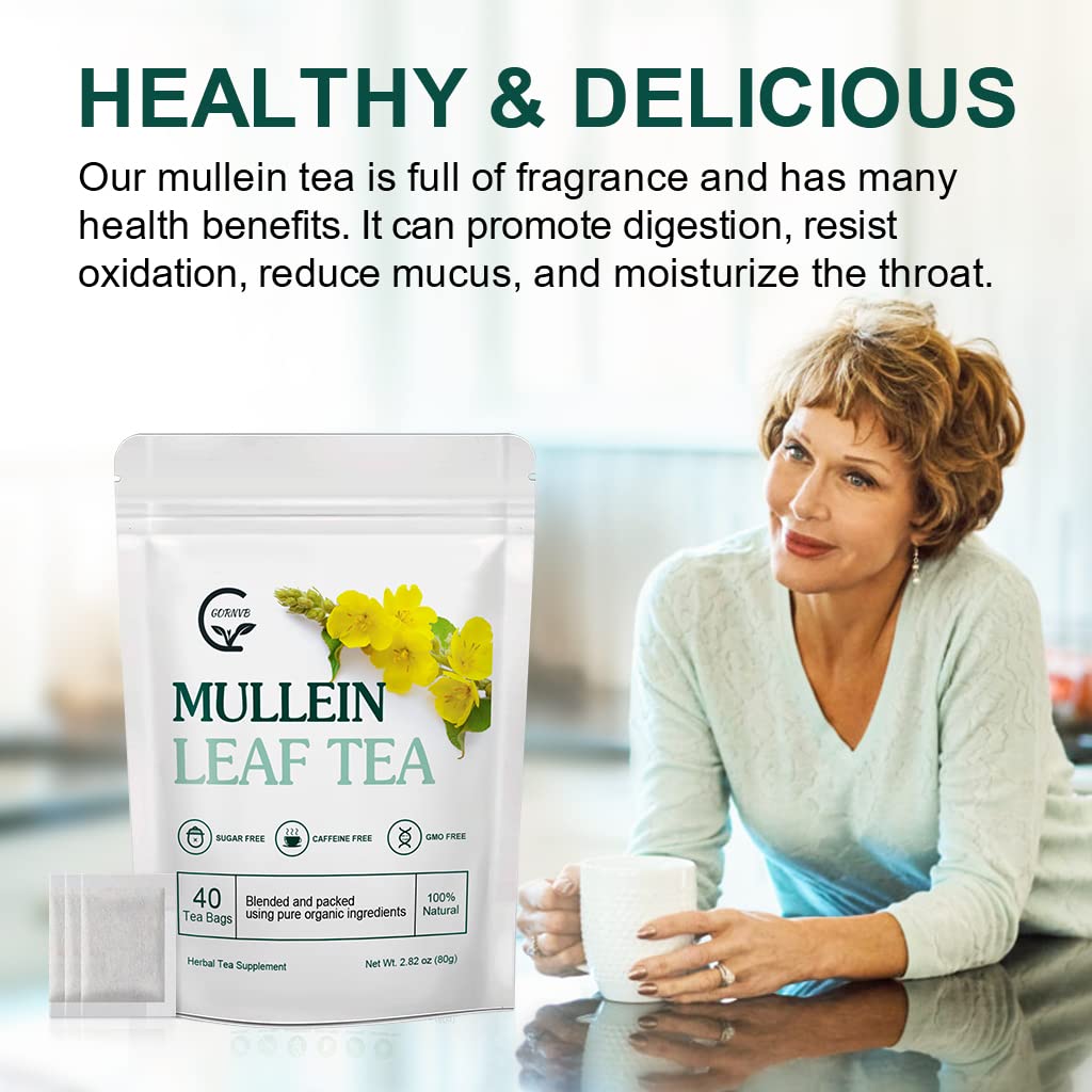 Mullein Leaf Tea Bags - Lungs Cleanse and Respiratory Support, Mullein Herbal Teas, Caffeine Free, 40 Tea Bags