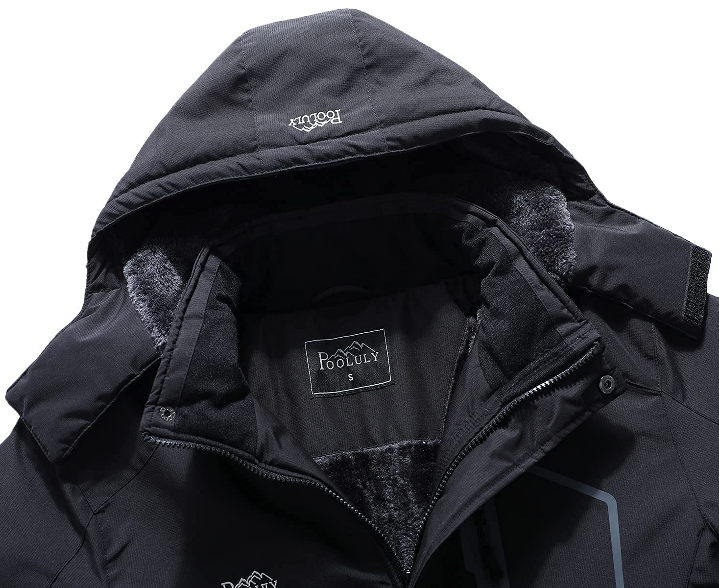 Pooluly Men's Ski Jacket Warm Winter Waterproof Windbreaker Hooded Raincoat Snowboarding Jackets Black-S