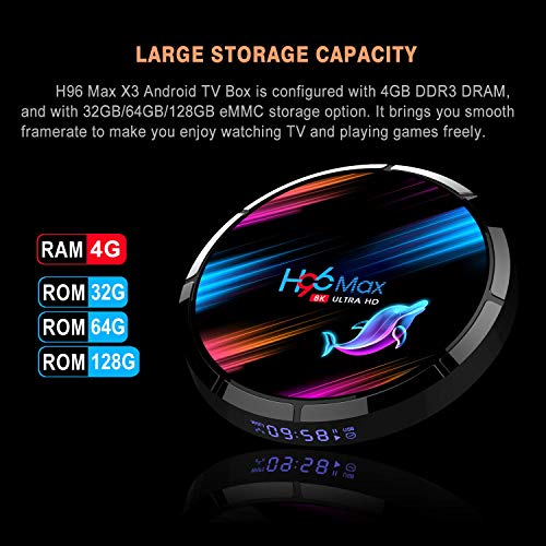 Android 9.0 TV Box Amlogic S905X3 H96 MAX X3 Android TV Box 4GB RAM 64GB ROM Dual-WiFi 2.4GHz/5GHz BT 4.0 Quad Core 64 Bits 3D/8K Full HD/H.265/USB3.0 1000M