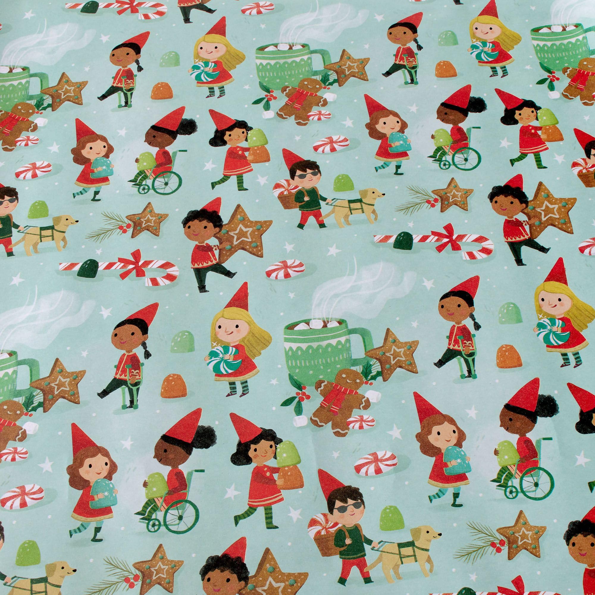 Green Sky Christmas Holiday Wrapping Paper with Santa and Elves Design, 50 Sq. Ft Total (30 ft W x 22 in L) (2 Rolls)