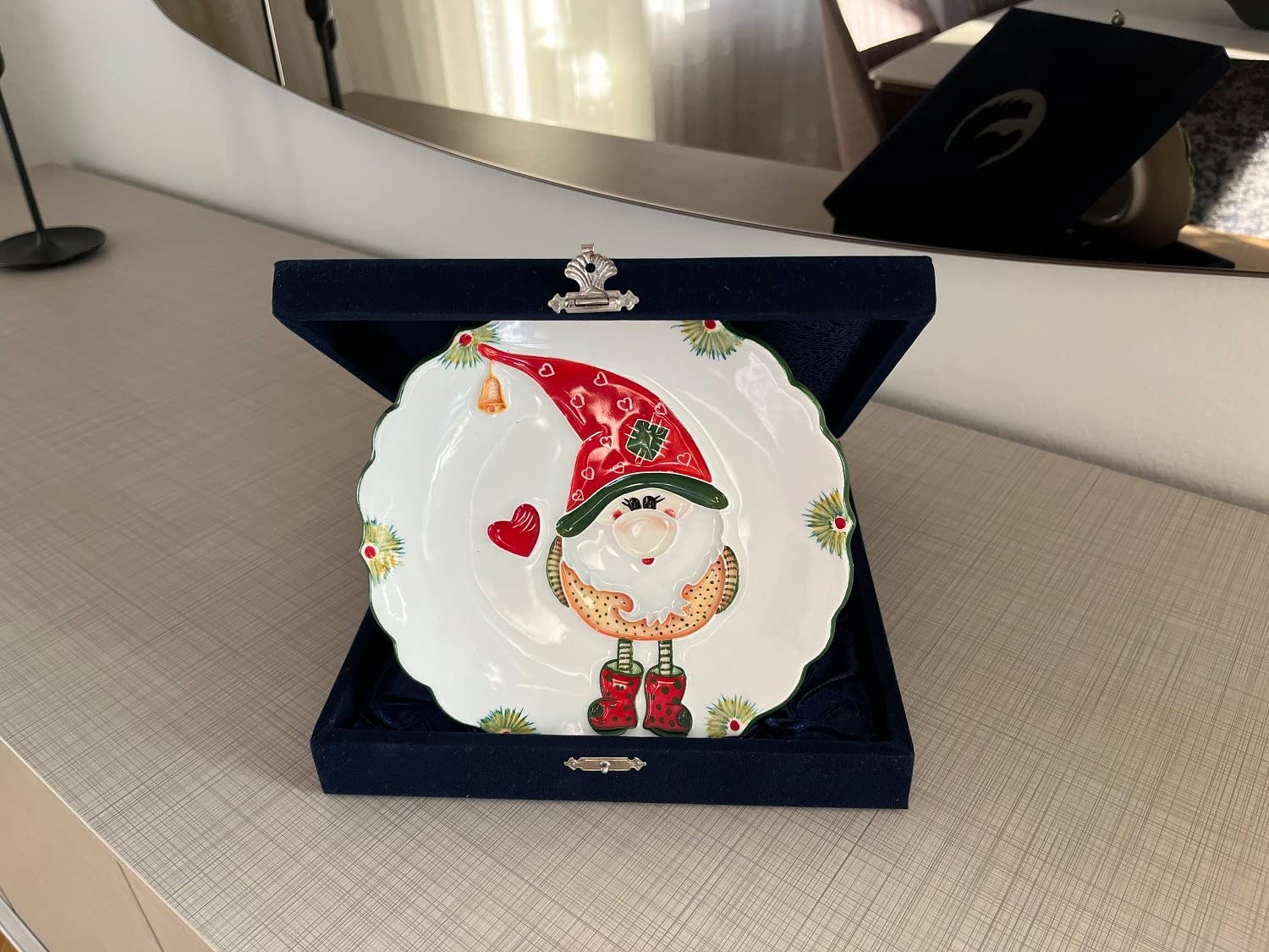 Anka Handcrafts - Christmas Home Decors - Santa's Dwarves - Handmade & Handpainted Ceramic Plates with Unique Embossed Surface β w Navy Int. Velvet Case β Christmas for Homes 760