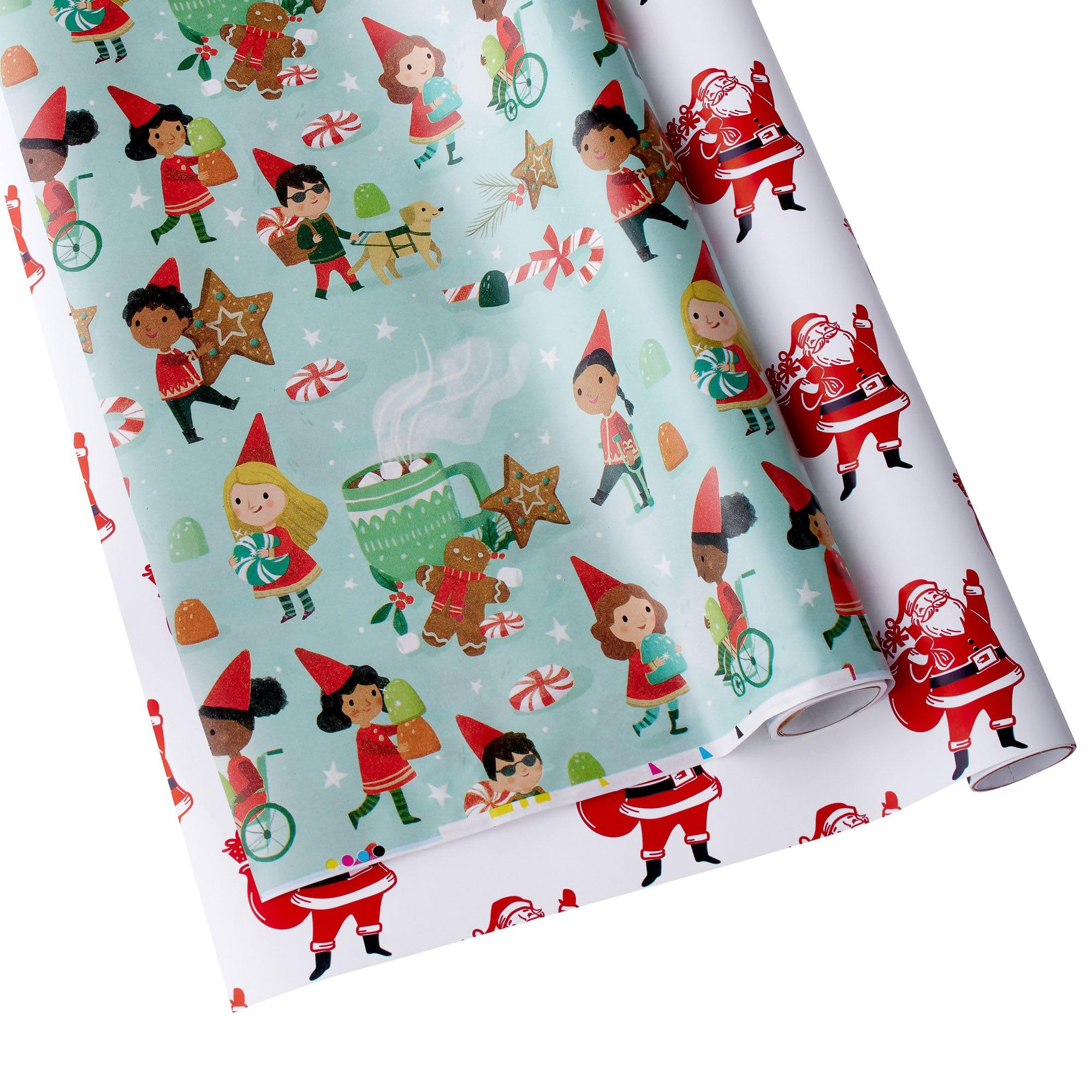 Green Sky Christmas Holiday Wrapping Paper with Santa and Elves Design, 50 Sq. Ft Total (30 ft W x 22 in L) (2 Rolls)
