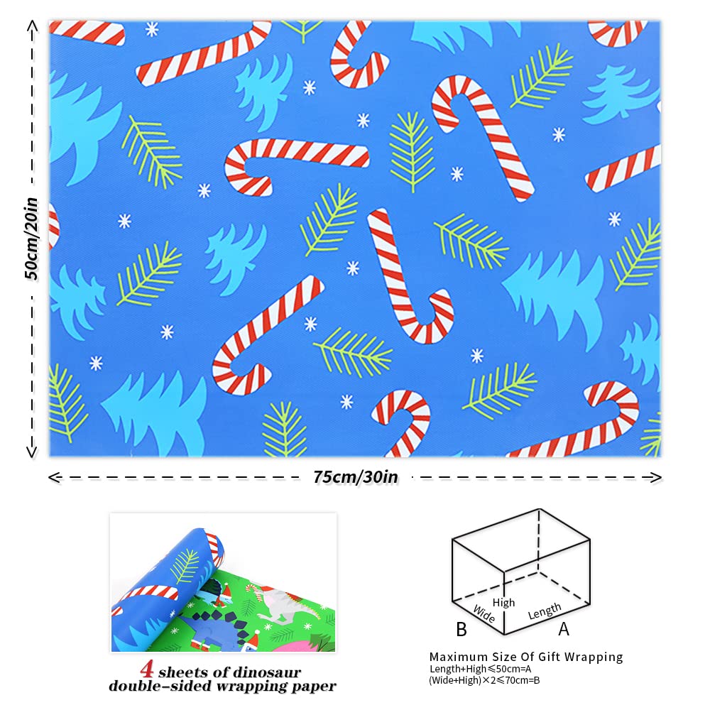Dinosaur Wearing Santa Hats Christmas Double Side Reversible Wrapping Paper 4 Sheets Folded Flat 20x30 inches per sheet, Dinosaur T-rex Gift Wrap For Kids Girls Boys Men Women Unique Xmas Decorative Paper and Birthday Holiday