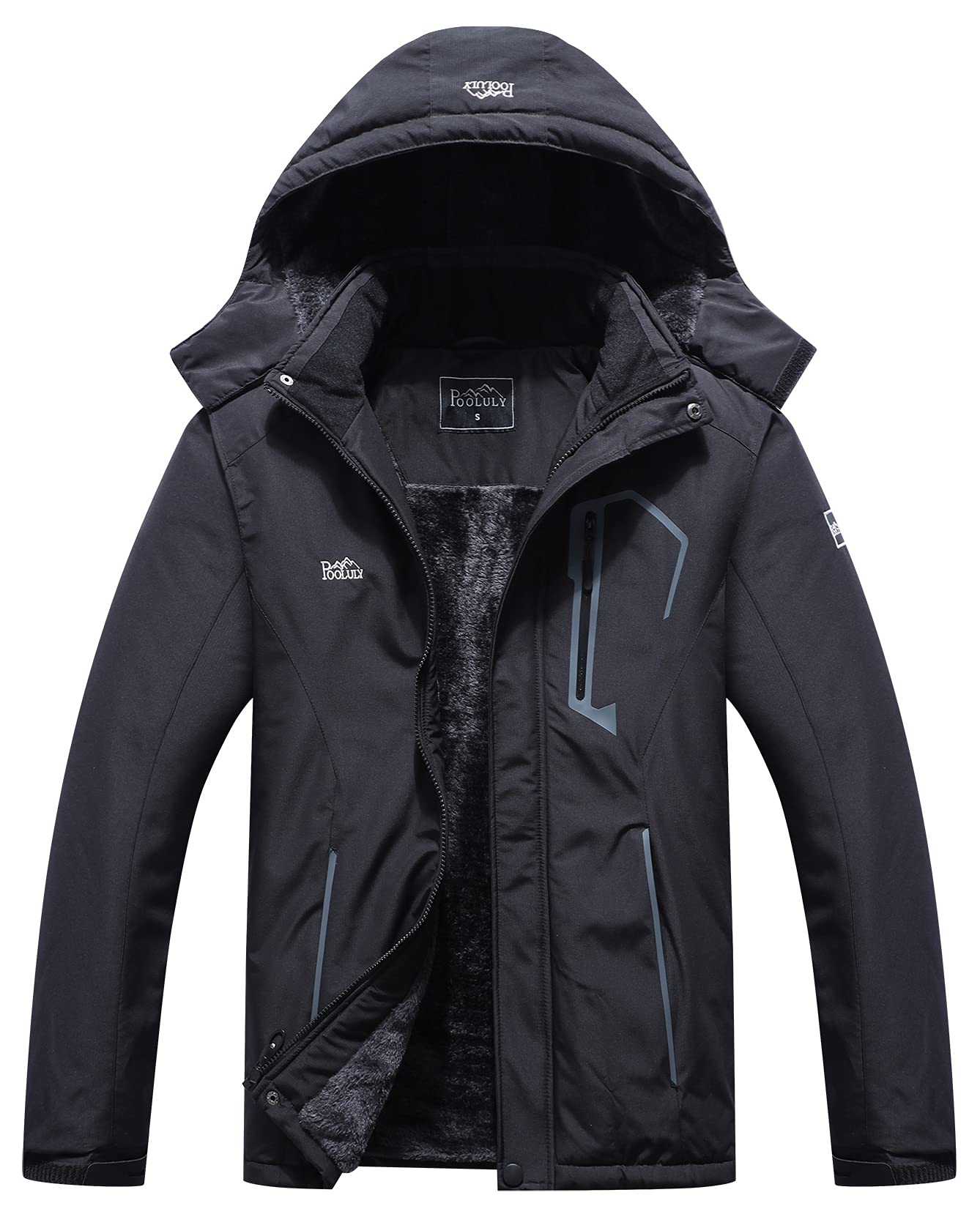 Pooluly Men's Ski Jacket Warm Winter Waterproof Windbreaker Hooded Raincoat Snowboarding Jackets Black-S